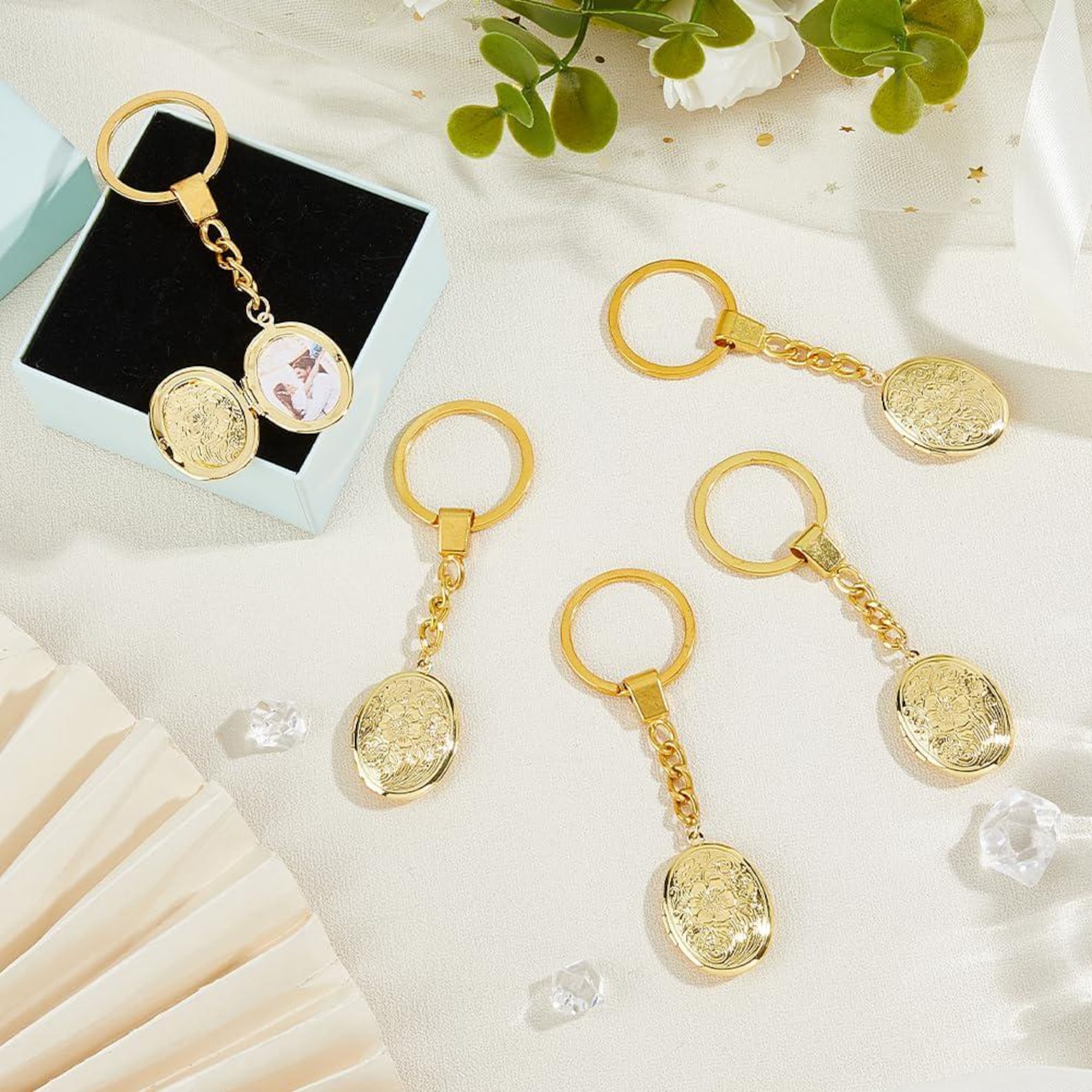 Personalized Photo Flower Locket Keychain, Engraved Text Key Rings ...