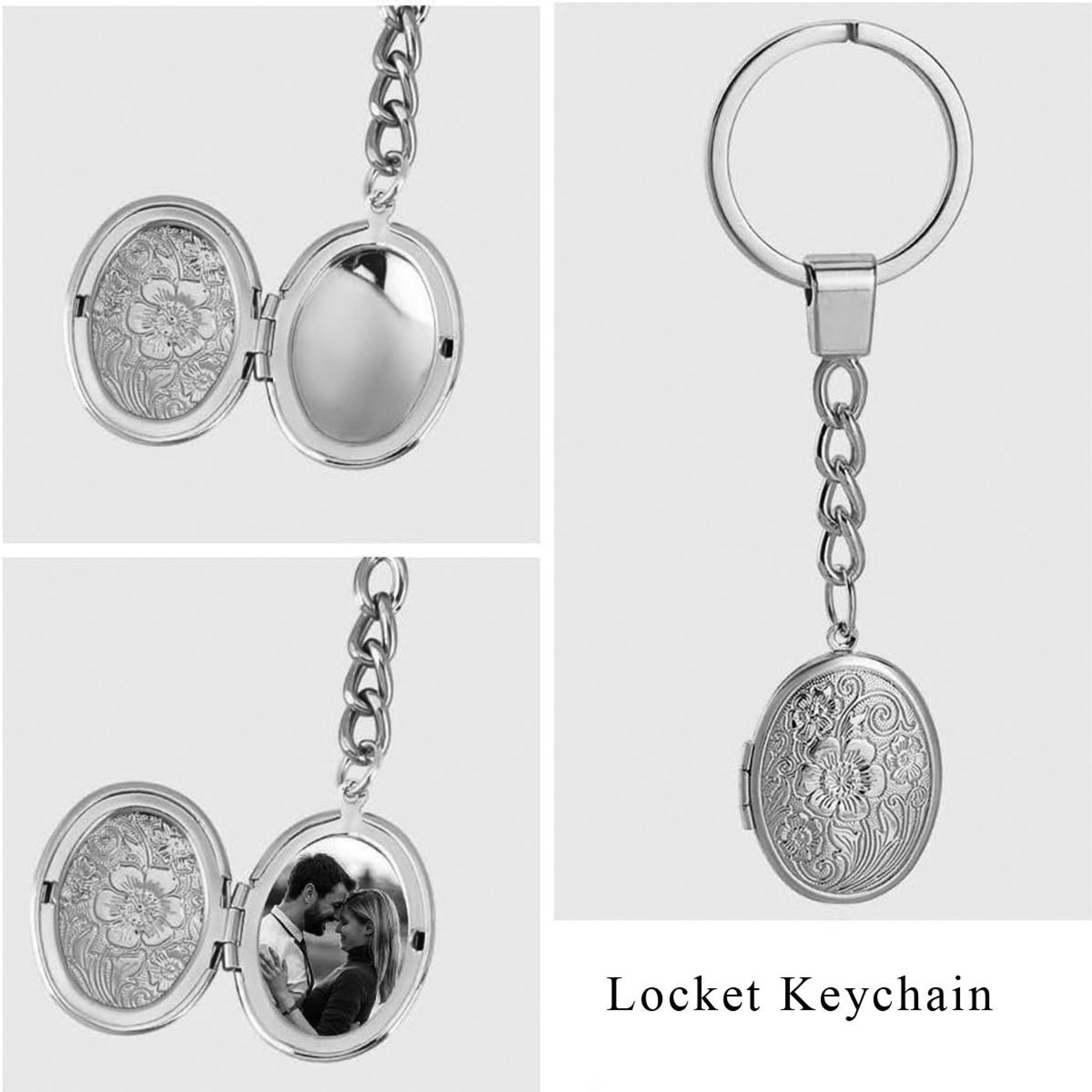 Personalized Photo Flower Locket Keychain, Engraved Text Key Rings ...