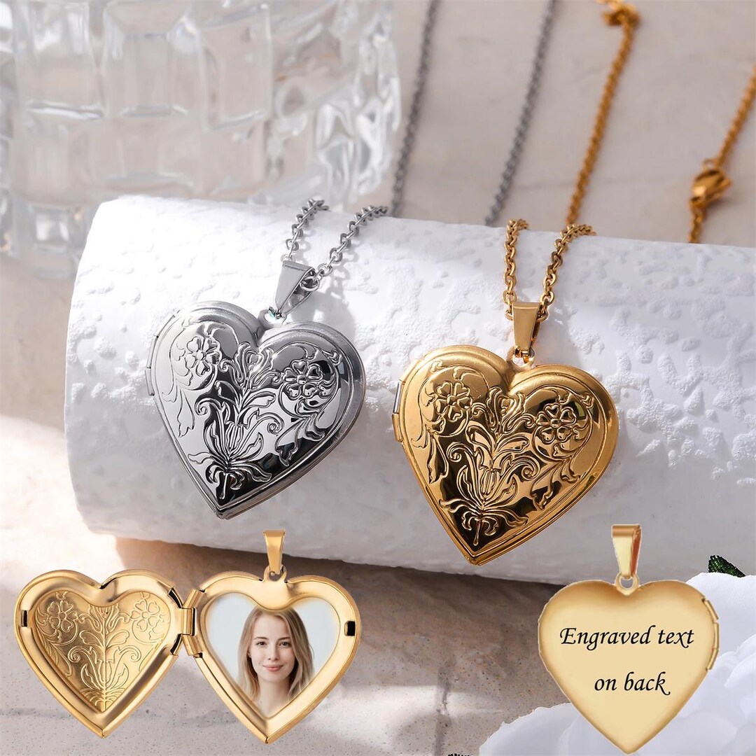 Personalized Photo Locket Necklace: Engraved Heart, Stainless Steel ...