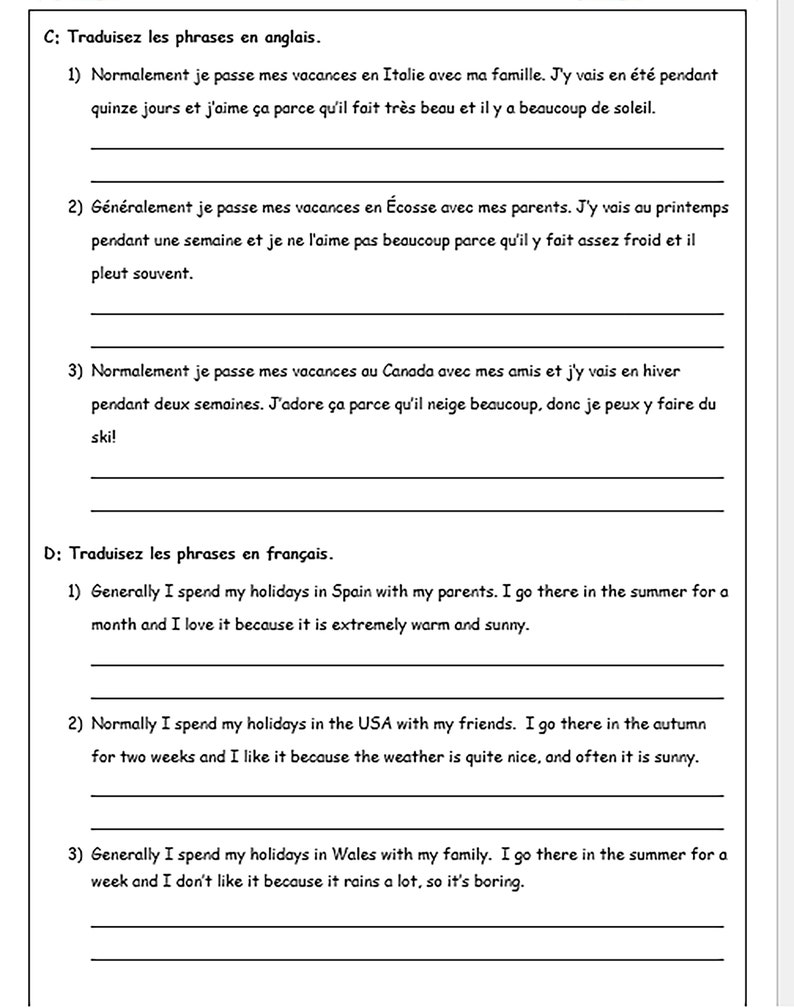 French GCSE/KS3 Revision Booklet - Les Vacances (holidays) With ANSWER ...