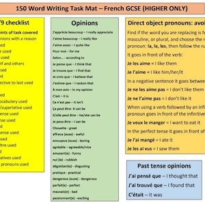 French Higher GCSE Writing Mat - Etsy