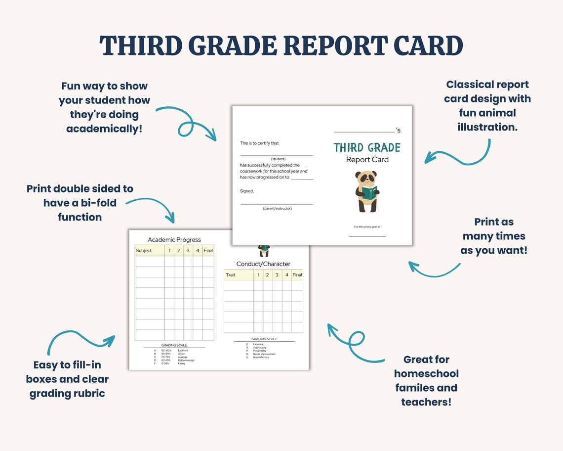 3rd Grade Report Card Printable Homeschool Report Card Elementary Grade ...