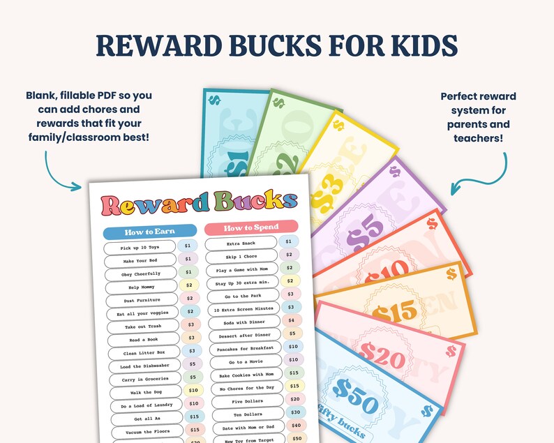 Kid's Reward Bucks Printable Fillable PDF Parent Teacher Resource ...