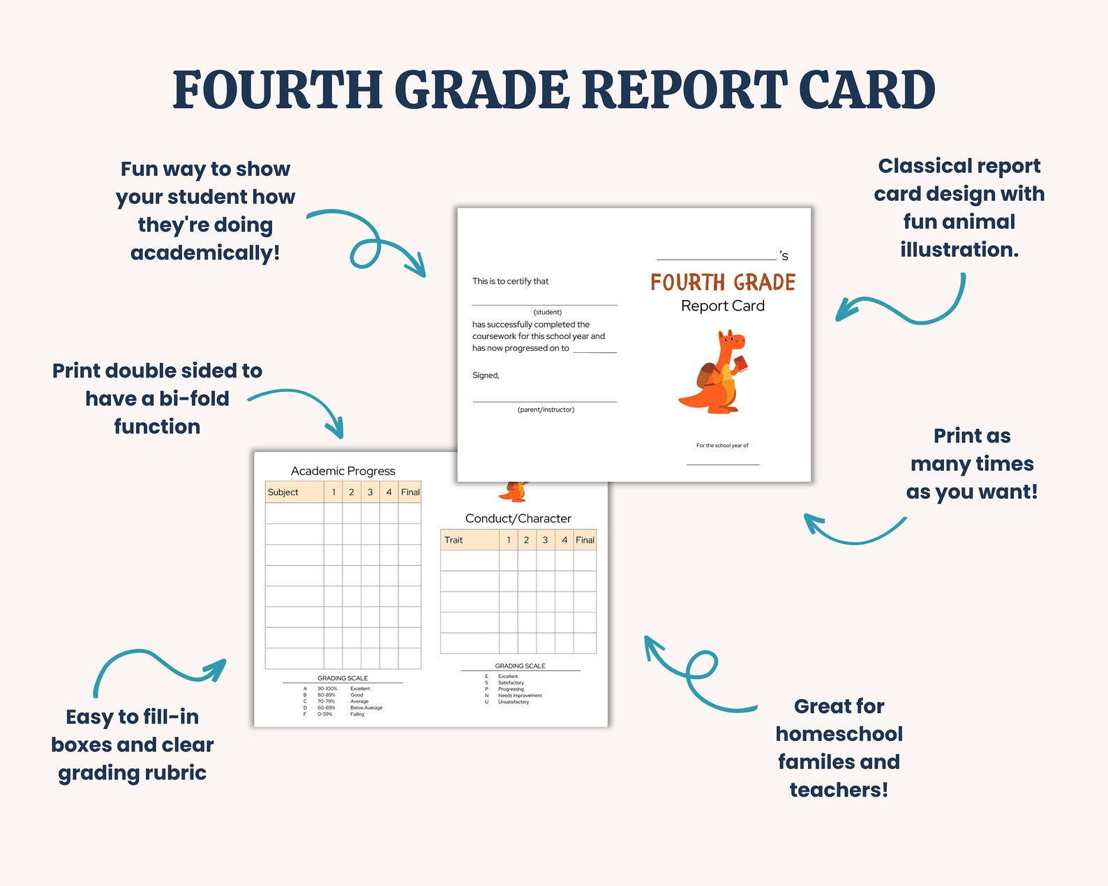 4th Grade Report Card Printable Homeschool Report Card Elementary ...