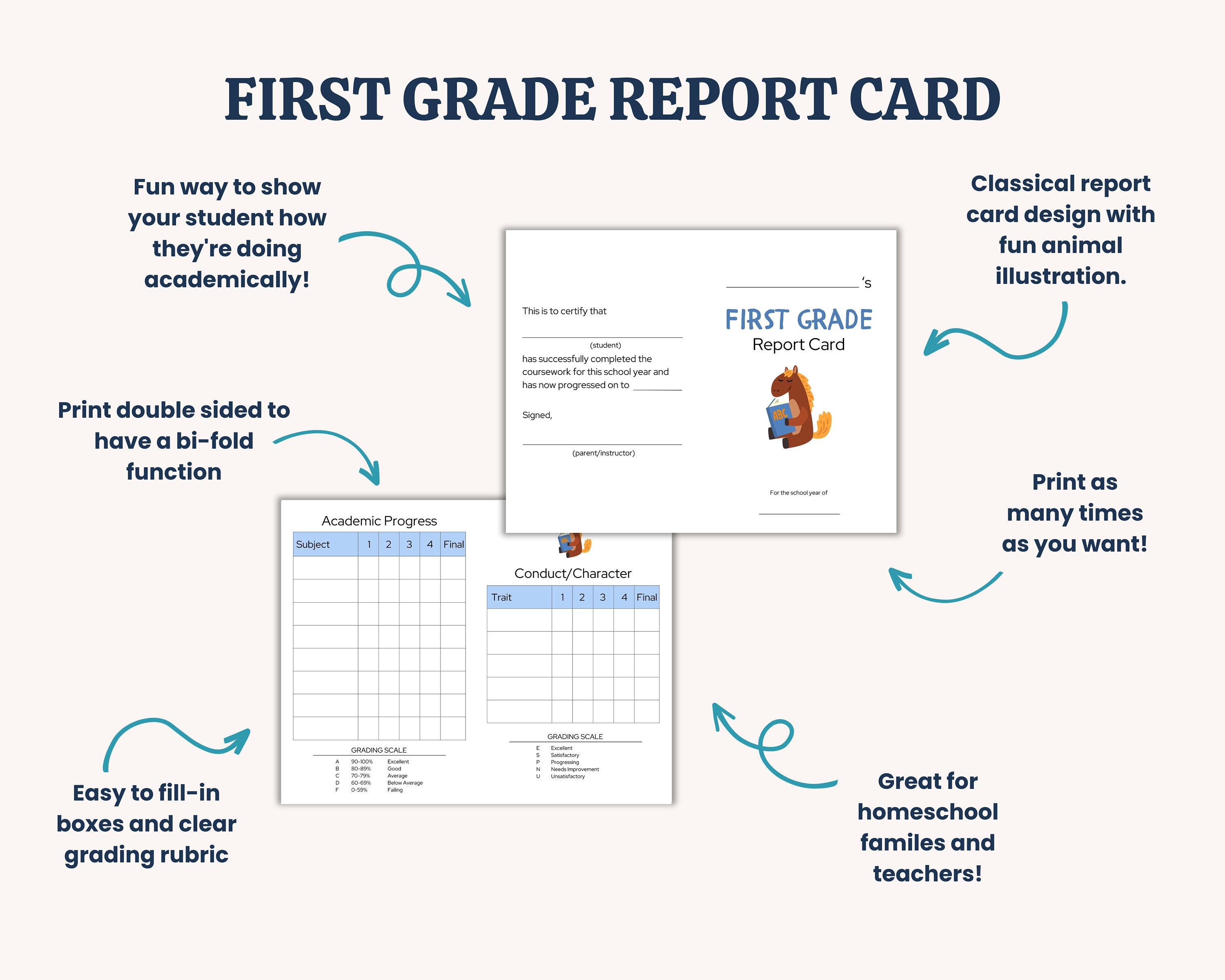 1st Grade Report Card Printable Homeschool Report Card Elementary ...
