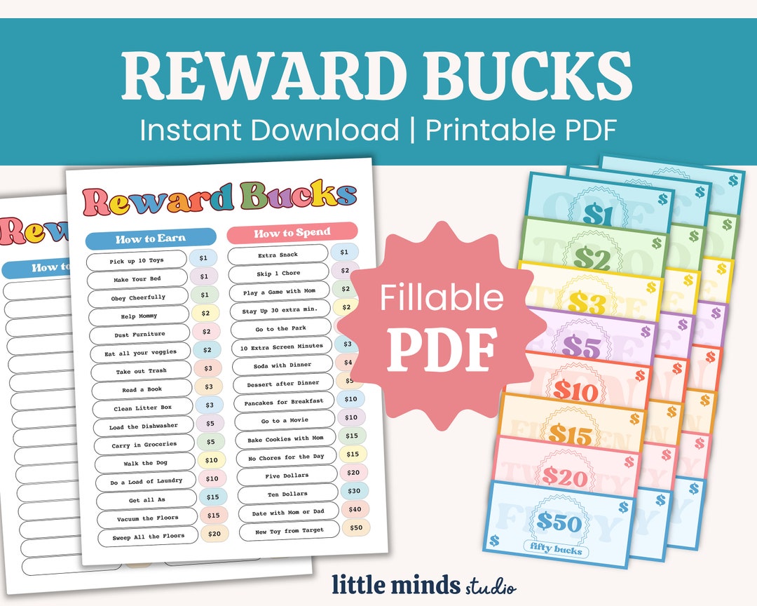 Kid's Reward Bucks Printable Fillable PDF Parent Teacher Resource ...