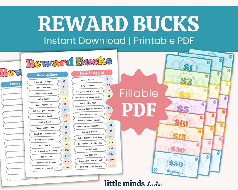 Kid's Reward Bucks Printable Fillable PDF Parent Teacher Resource ...