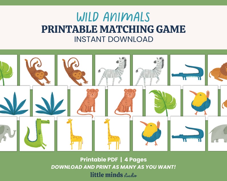 Wild Animals Printable Matching Game Fun and Educational Activity for ...
