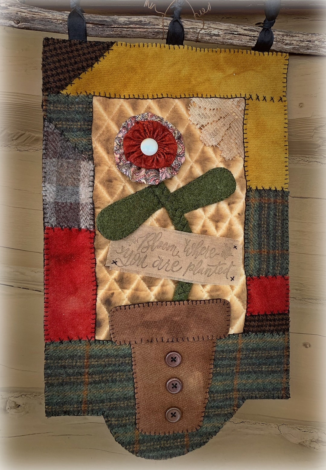 HB-031 "bloom Where You Are Planted" Wall Hanging With Yoyo Flower and ...