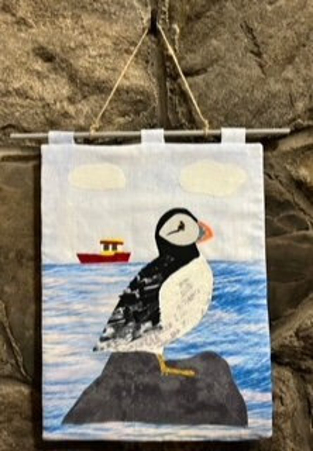 A-102 Puffin Fabric Collage Ocean Scene Wall Hanging - Etsy