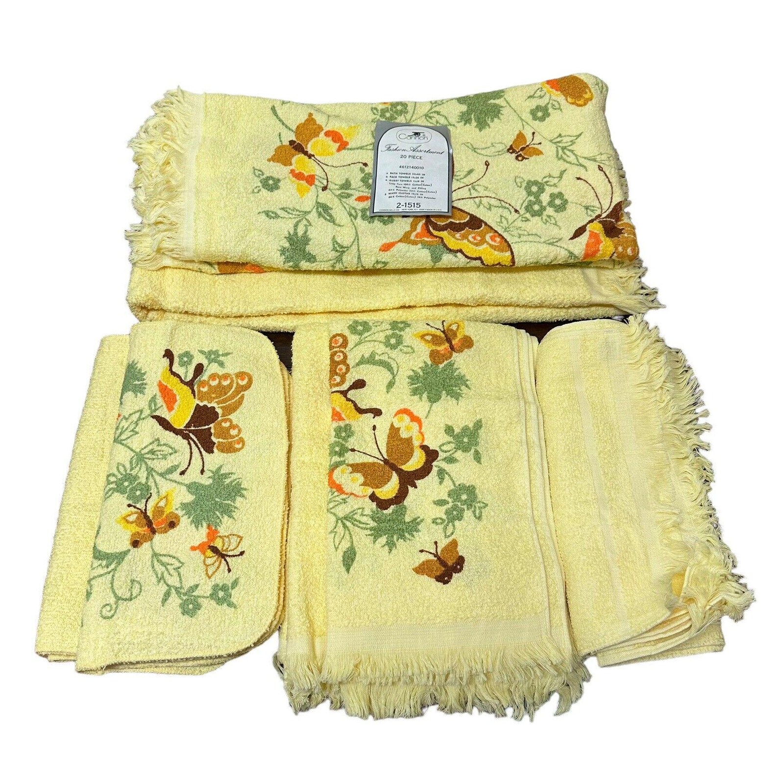 Vintage Cannon MCM Retro Yellow Butterfly Floral Fringe Bath Towel Set ...