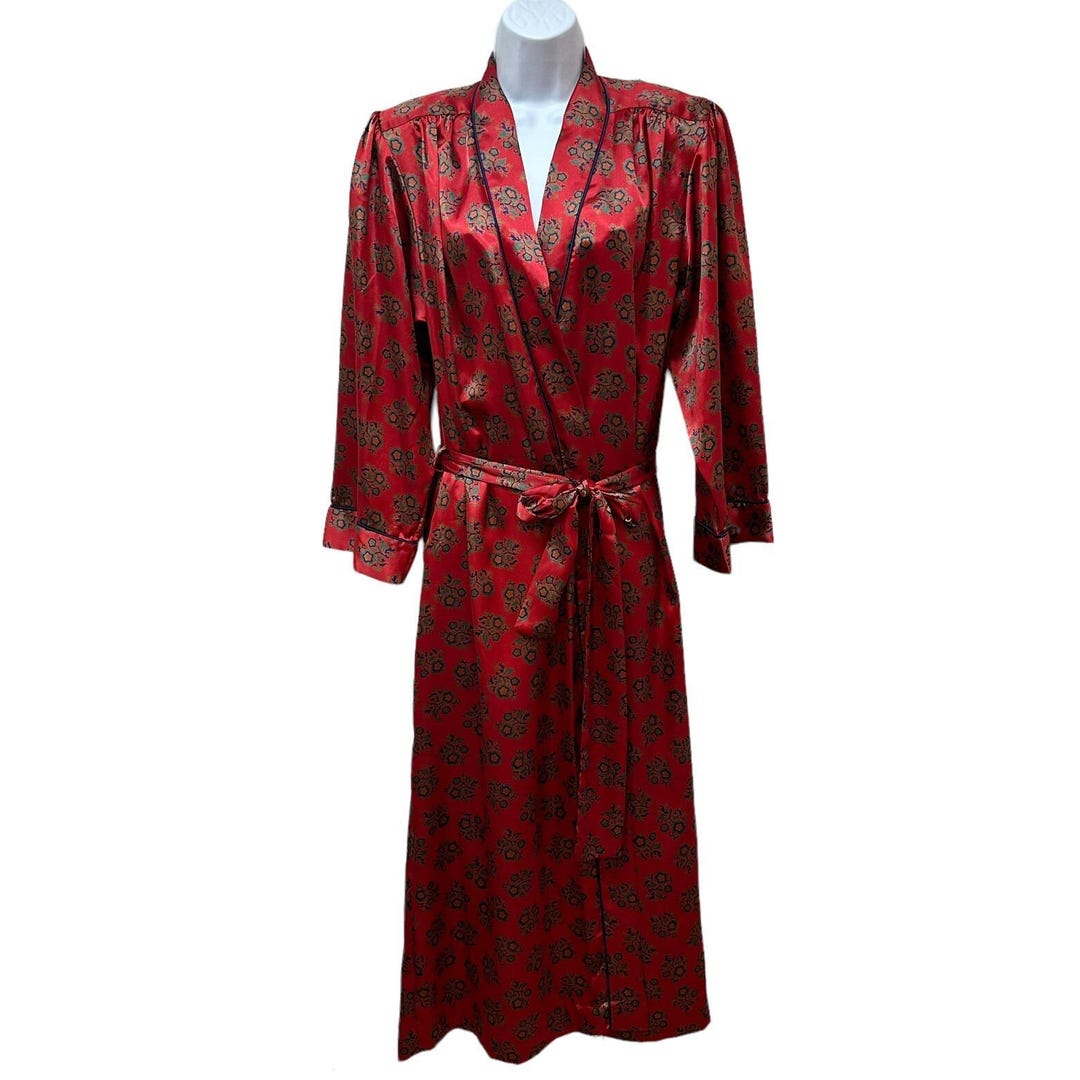 Vintage Natori Bergdorf Goodman Red Silky Satin Retro Floral Robe ...