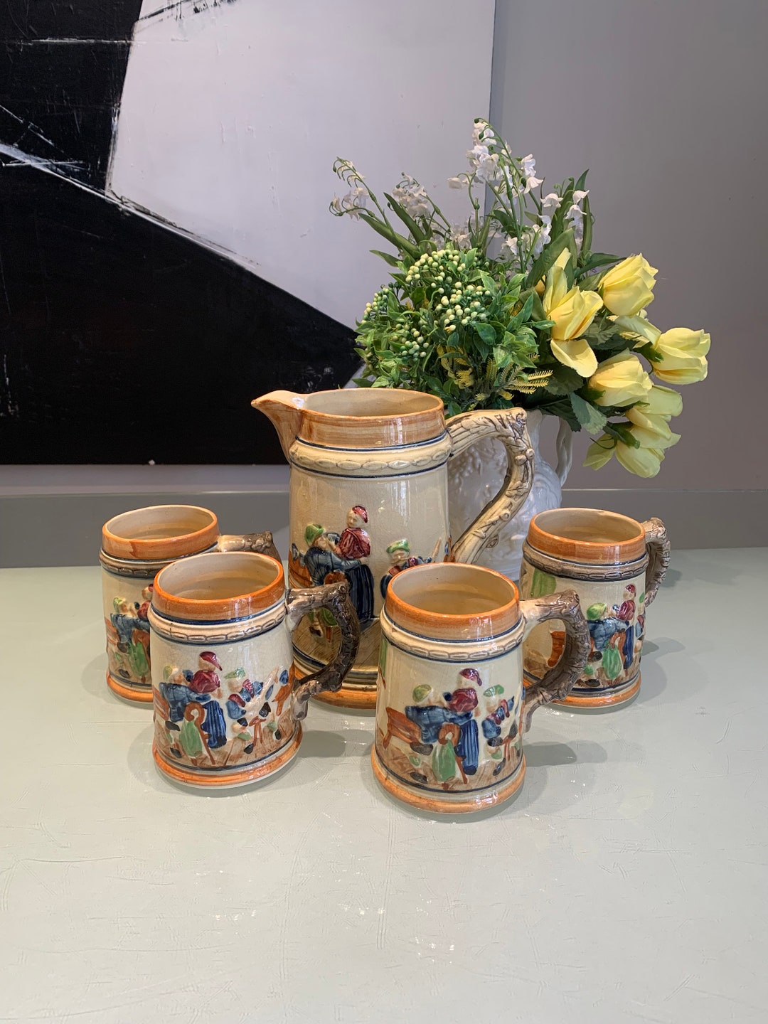 Vintage Ceramic Beer Stein Set: Pitcher and 4 Mugs, Hand-crafted in ...