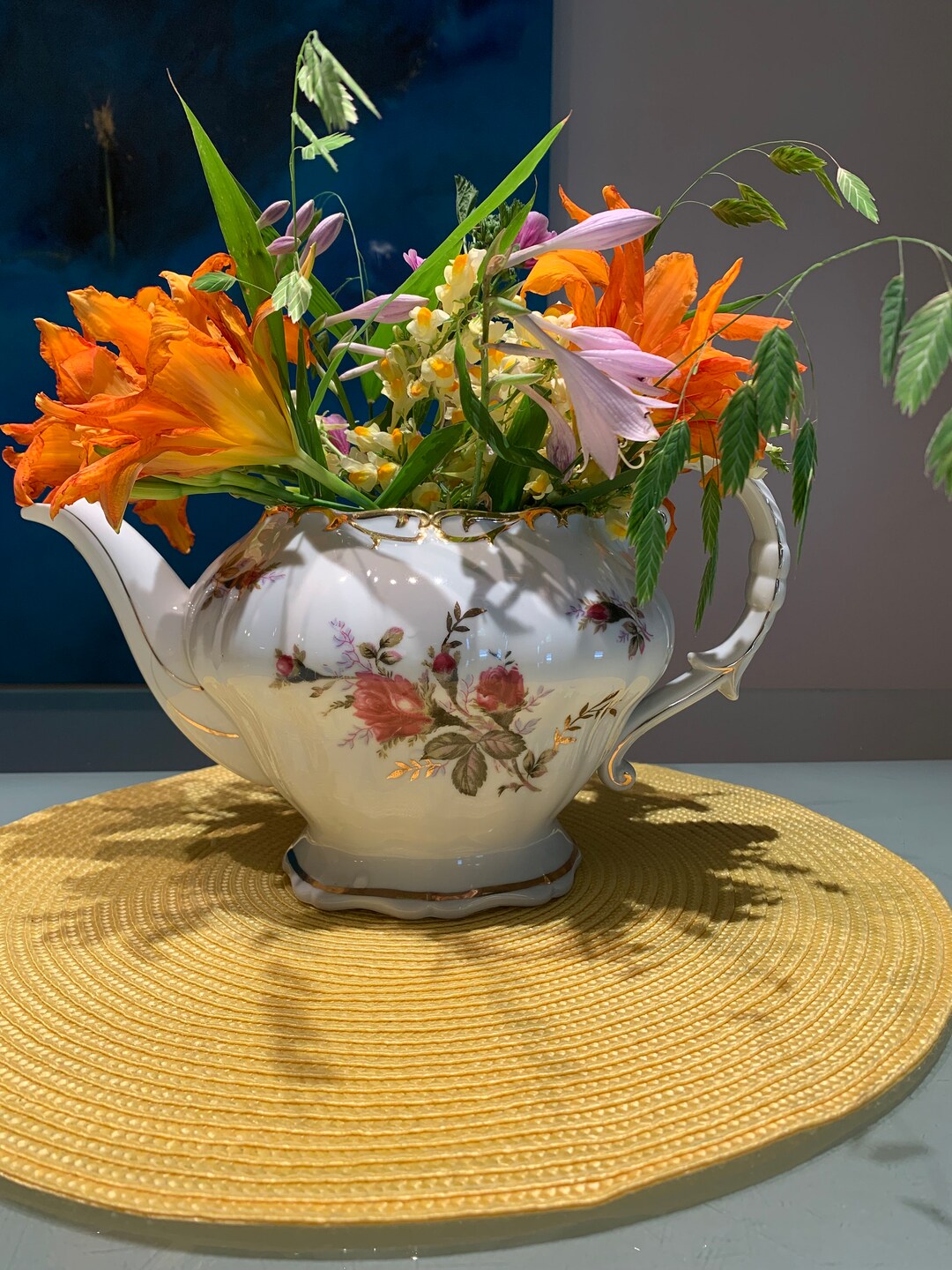 Vintage Floral Gold Gilded Porcelain Repurposed Tea Pot/flower Vase ...