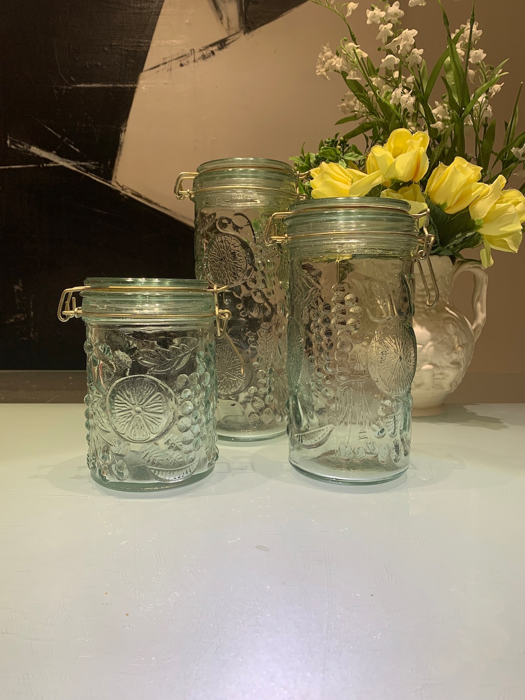 Vintage Embossed Light Mint Green Glass Canister Set With Wire Bale ...