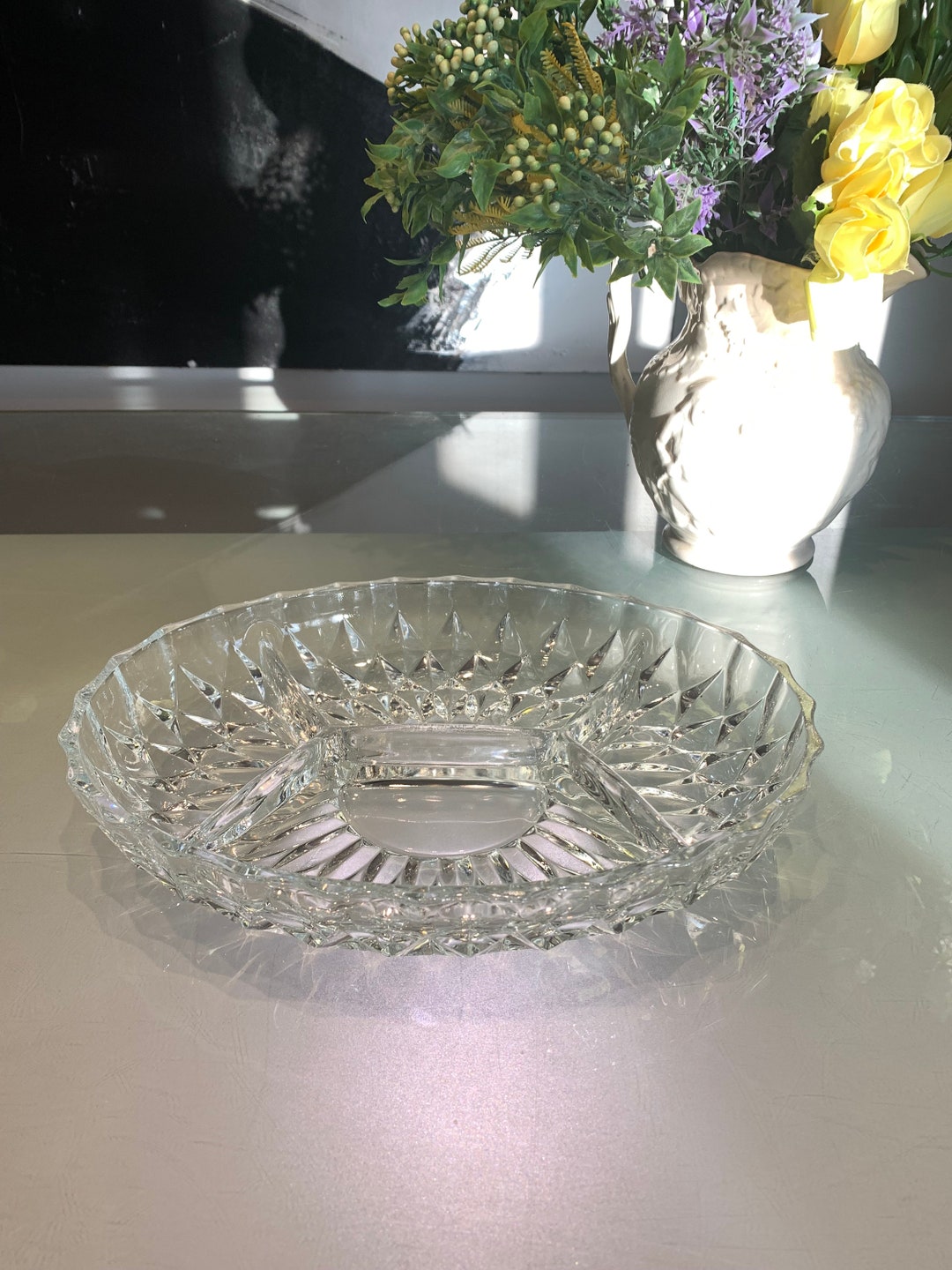 Vintage Diamond Cut Crystal Divided Relish Dish. Please Read the ...