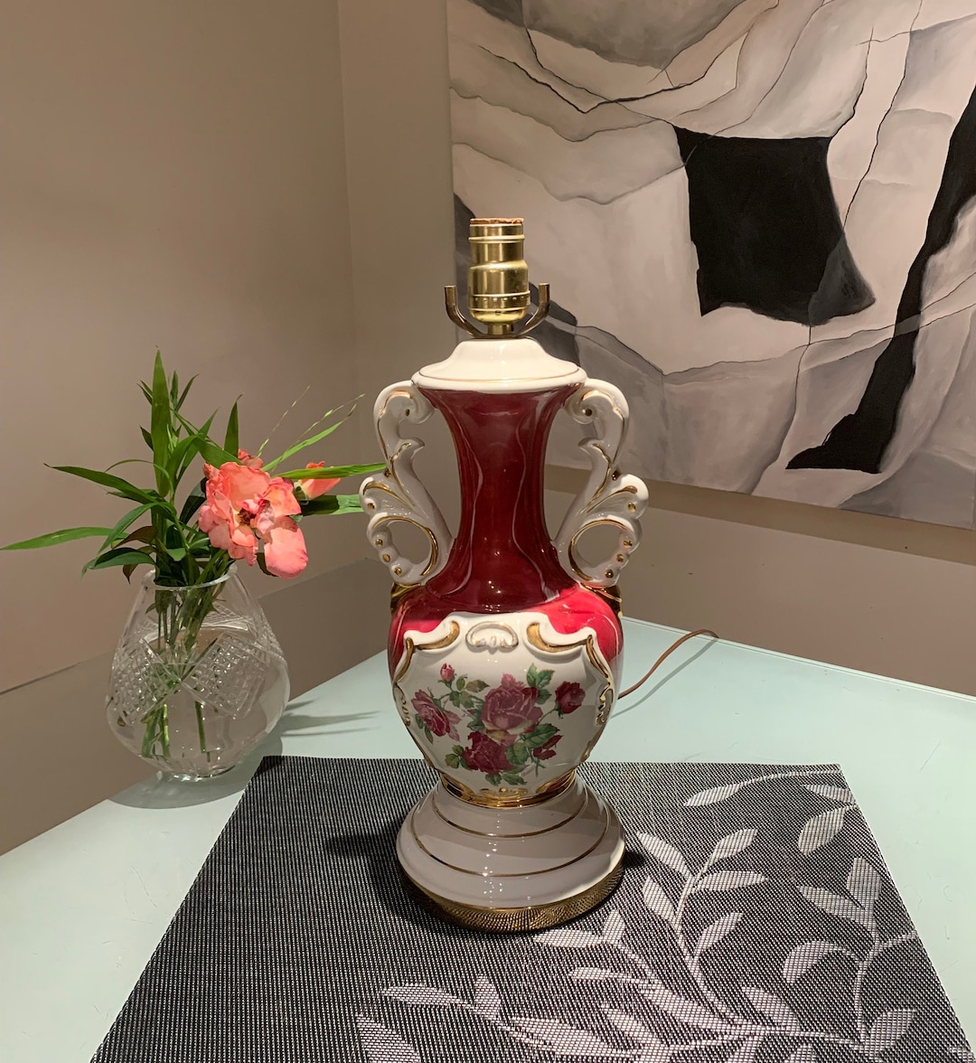 Vintage Victorian Pottery Hand Painted Rose Floral Table Lamp by ...