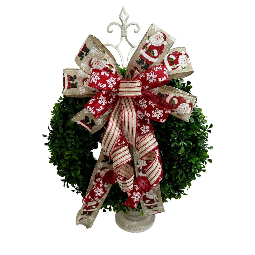 Christmas Santa Bow, Large Bow With Tails , Snowflake Print Bow ...