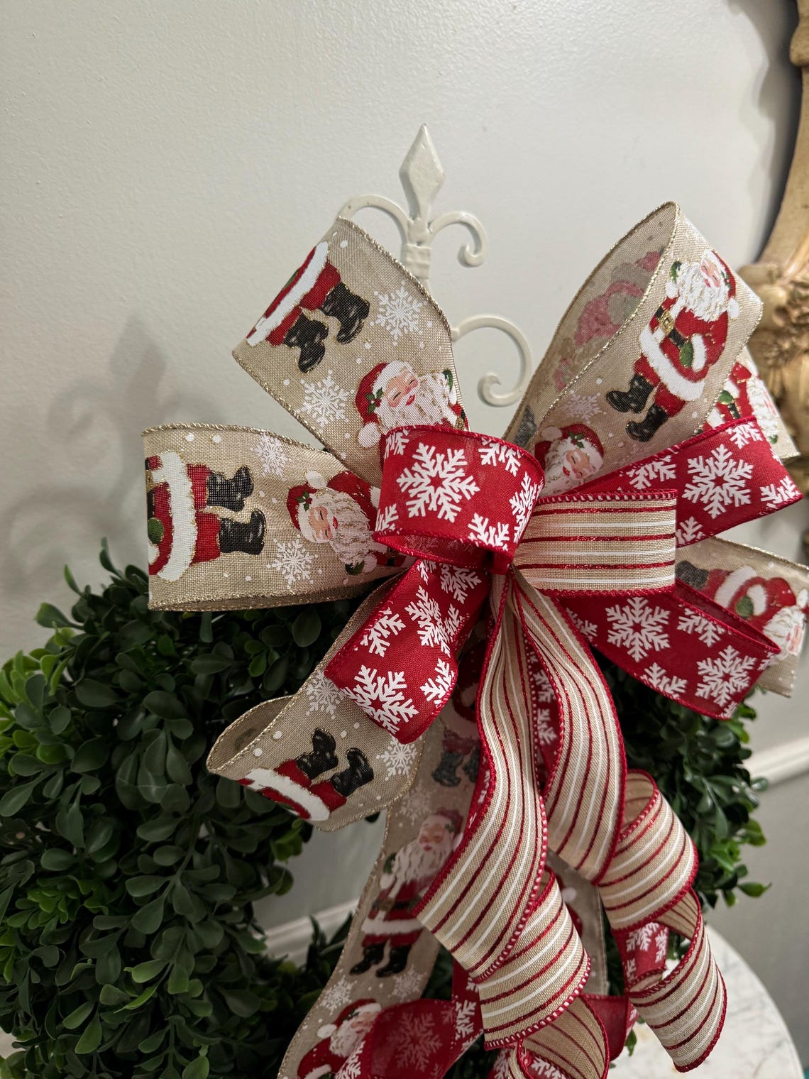Christmas Santa Bow, Large Bow With Tails , Snowflake Print Bow ...