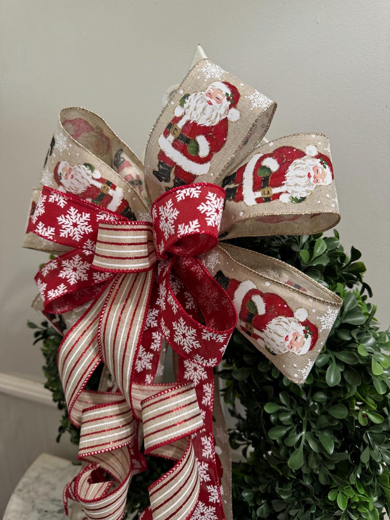 Christmas Santa Bow, Large Bow With Tails , Snowflake Print Bow ...