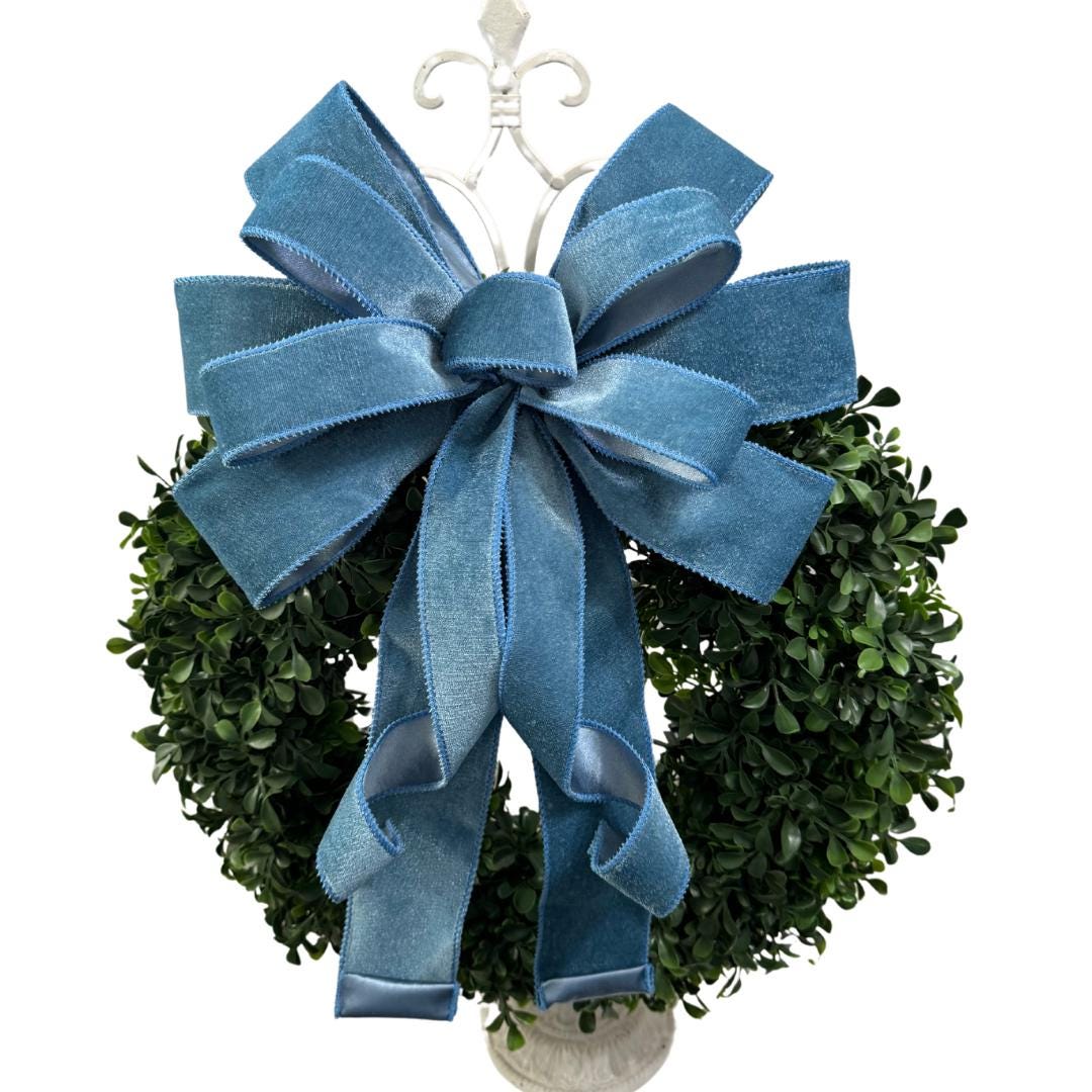 Smoke Blue Deluxe Velvet Christmas Bow , Large Blue Wreath Bow , Front ...