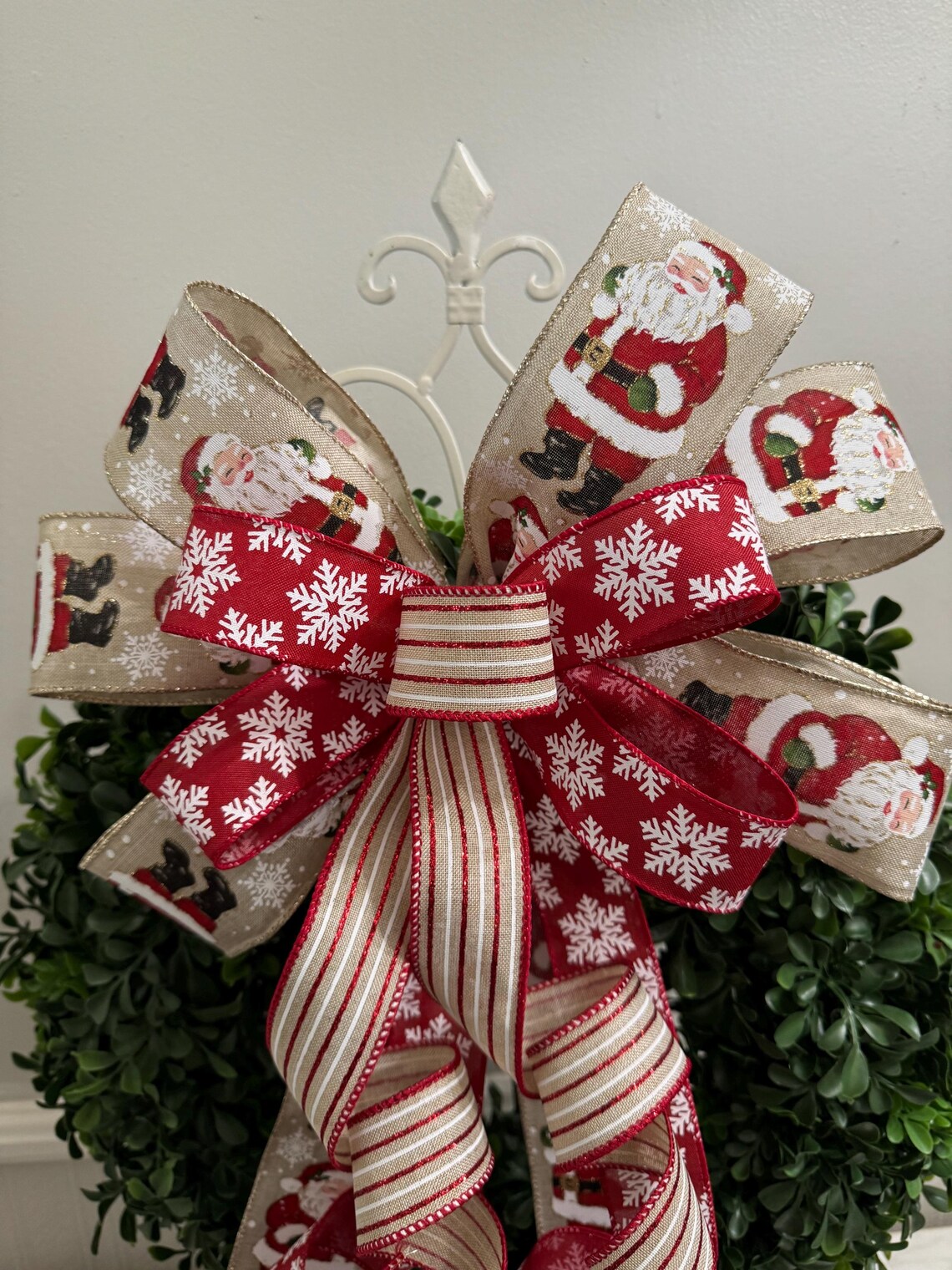 Christmas Santa Bow, Large Bow With Tails , Snowflake Print Bow ...