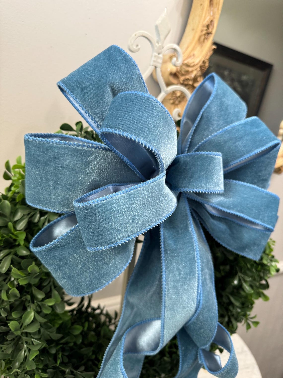 Smoke Blue Deluxe Velvet Christmas Bow , Large Blue Wreath Bow , Front ...