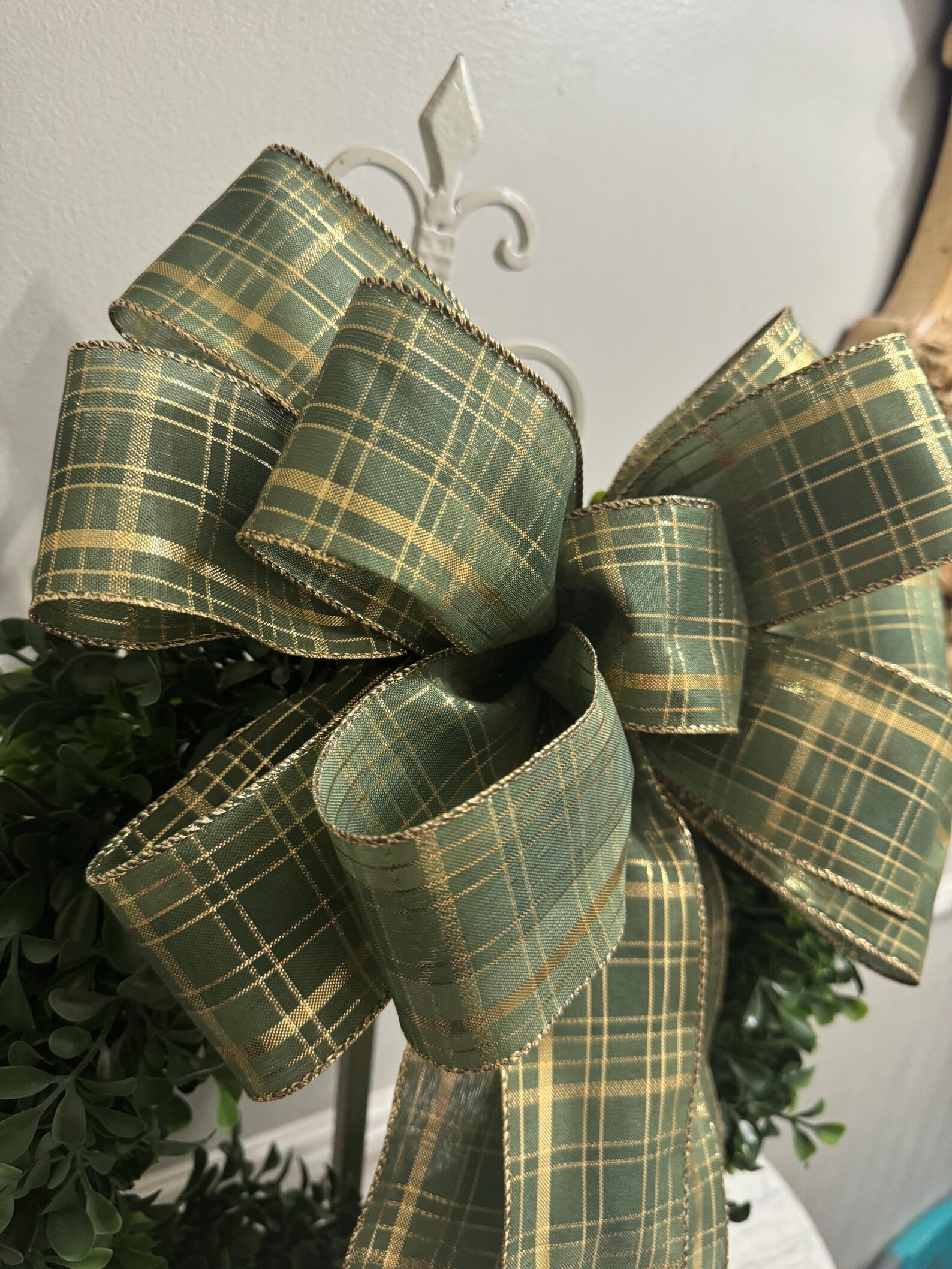 Large Hunter Green and Gold Plaid Wreath Bow , Lantern Bow , Mailbox ...