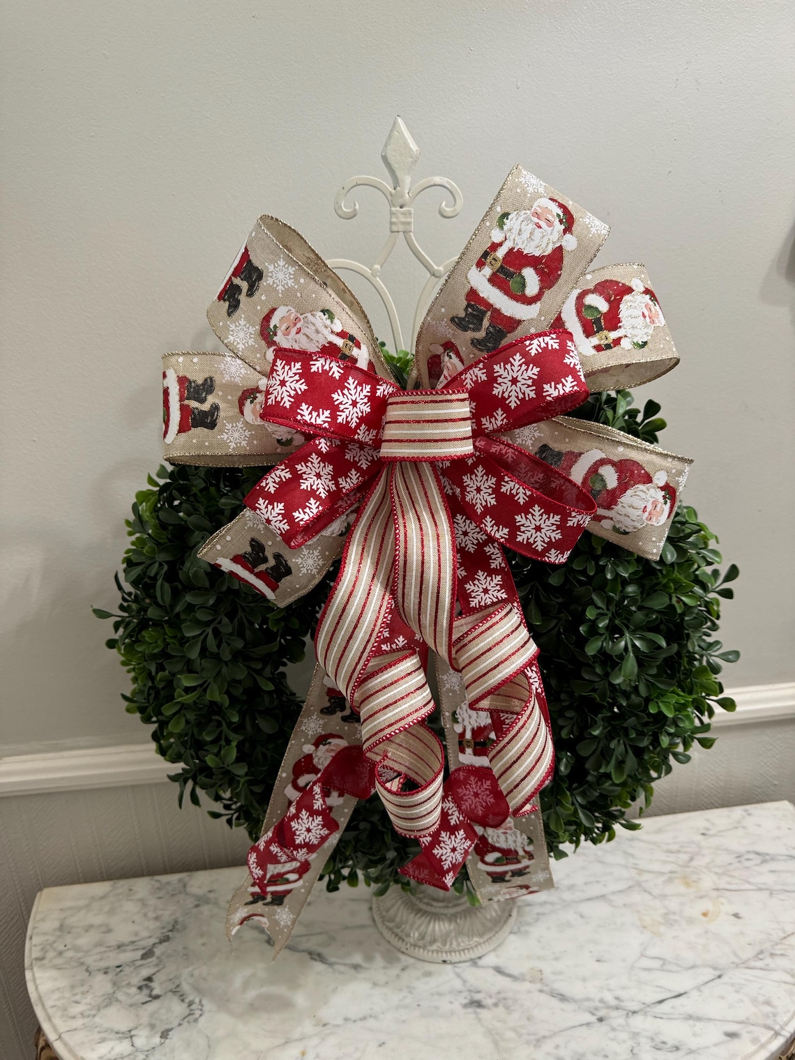 Christmas Santa Bow, Large Bow With Tails , Snowflake Print Bow ...