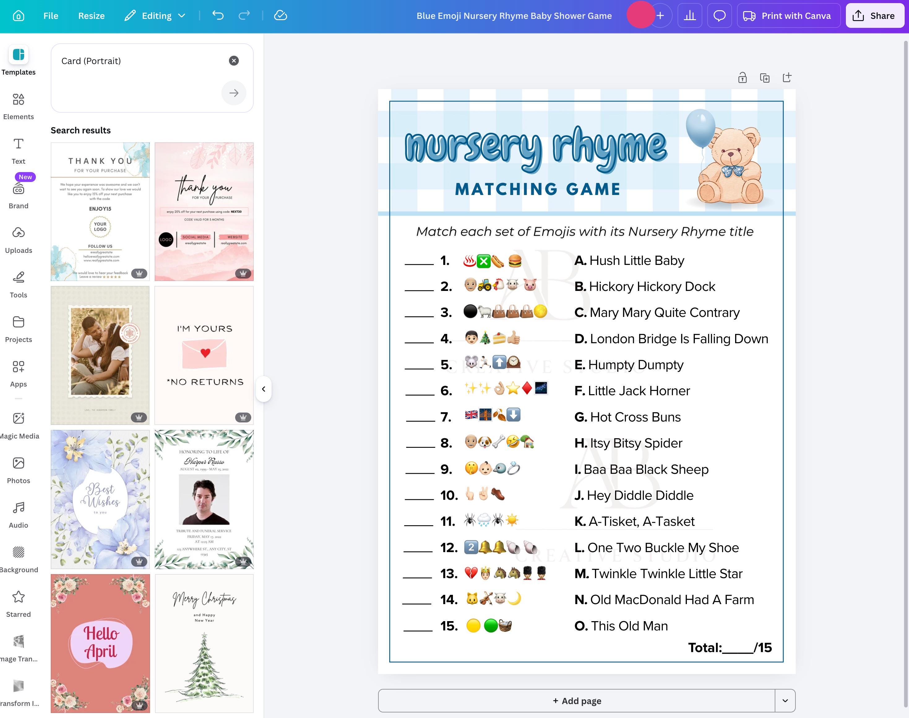 Nursery Rhyme Matching Game- Blue Boy Baby Shower Activity- Ready to ...