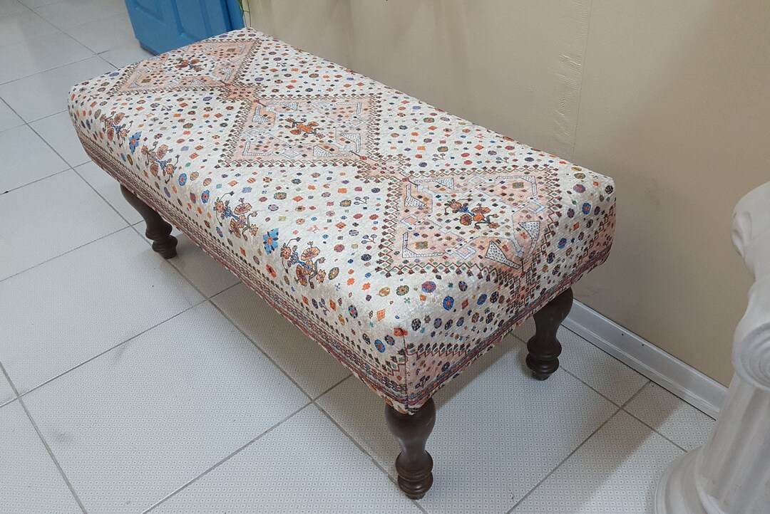 Chikankari Rug Bench , Upholstered Ottoman , Ikat Syle Rug Bench ...