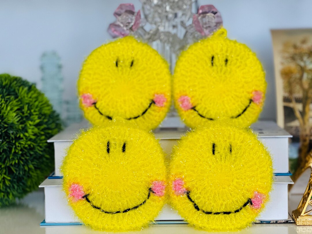 Set of 4 Dish Scrubbies, Smiley Face Sponge, Crocheted Kitchen Scrubber ...