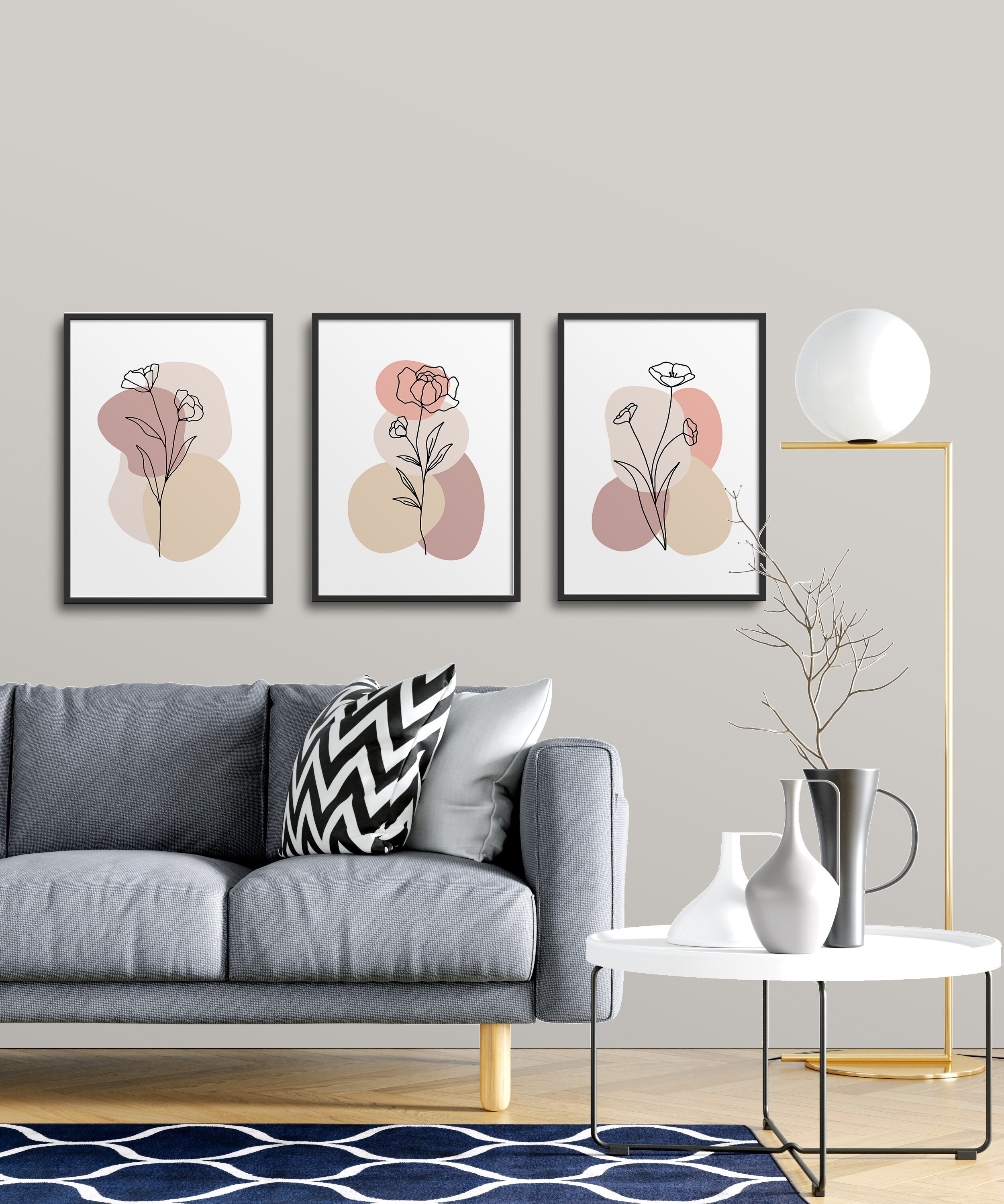 Flowers Botanical Line Art Wall Print Set of 3 Abstract Art - Etsy
