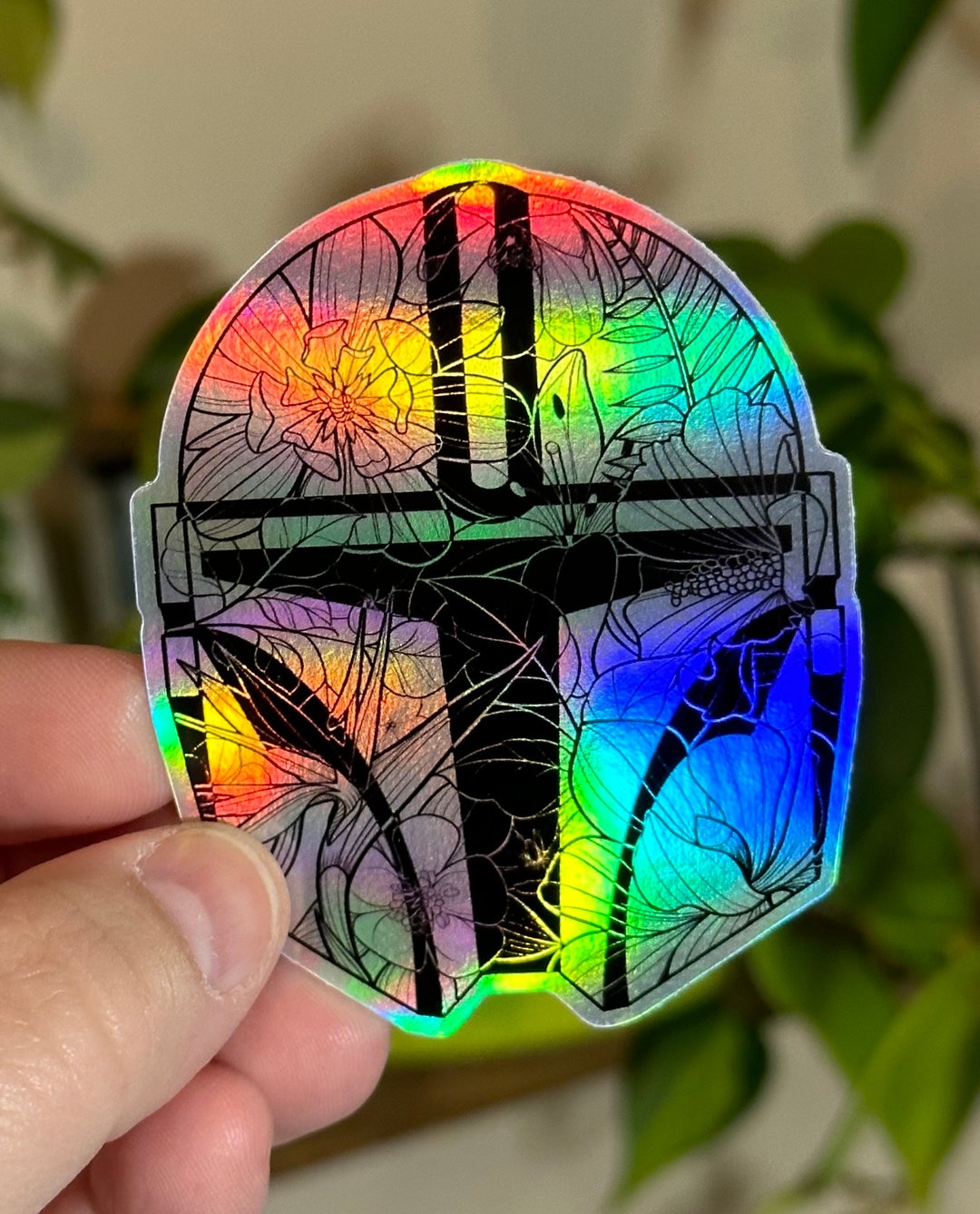 Mandalorian Inspired Helmet With Flowers Holographic Sticker ...