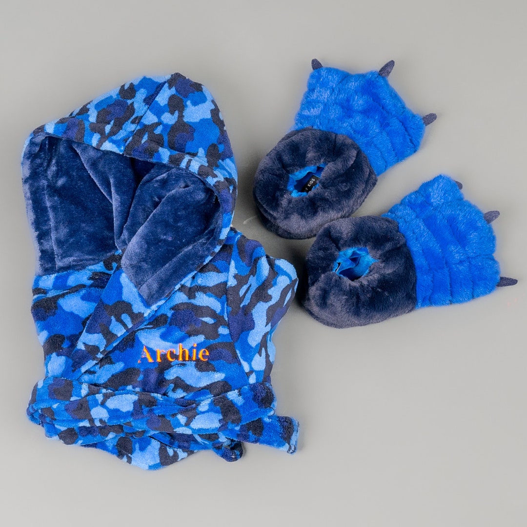 Lulabay Boys Personalised Camo Dressing Gown and Monster Slipper Gift ...