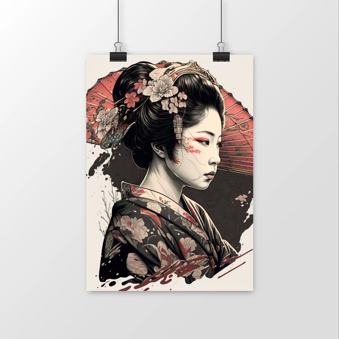 Geisha Wall Poster Japanese Art Style Illustration Geiko Wall ...