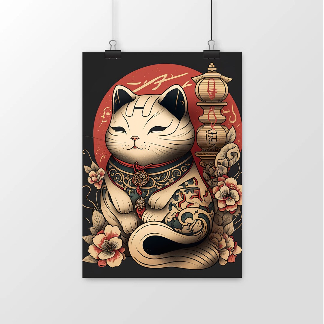 Poster Maneki-neko Cat Japanese Happiness Prosperity Japan Art ...