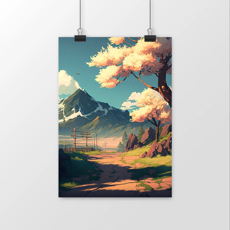 Poster Manga Landscape Mountain / Poster Animated Forest Green ...