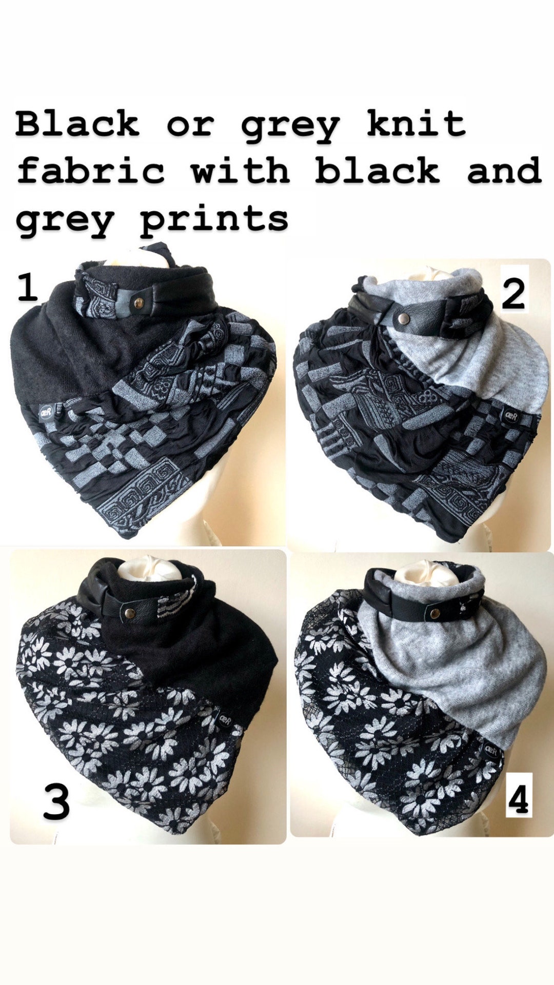 Handmade by Kata in UK Triangle Scarf Option of Black and Grey Neck ...