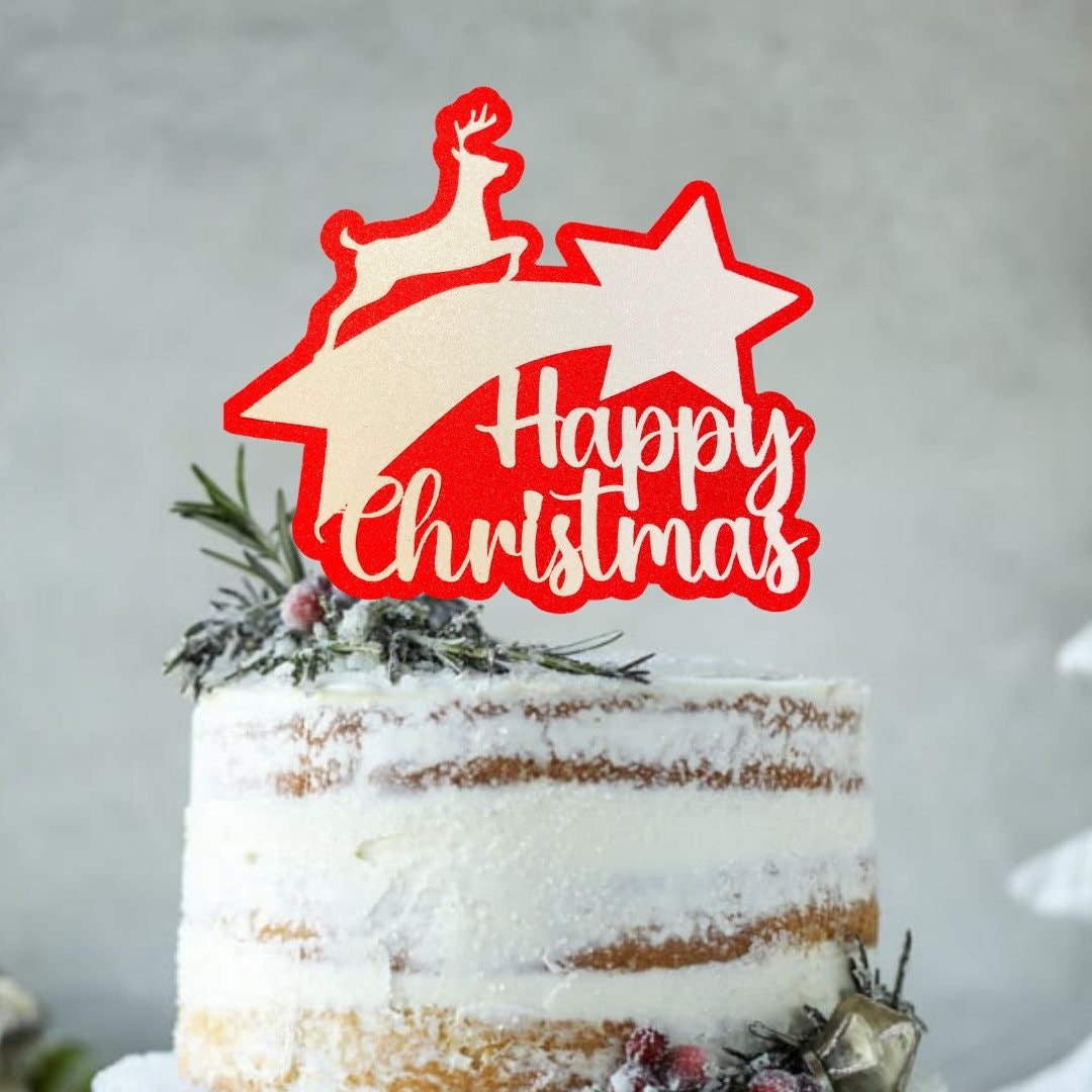 Happy Christmas Cake Topper With Reindeer, Christmas Cake Decoration ...
