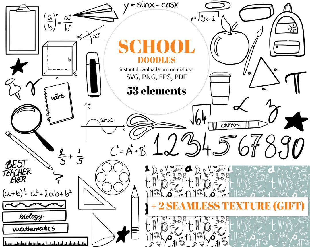 CLIPART SET - Back to SCHOOL Doodles Digital, Transparent Background ...