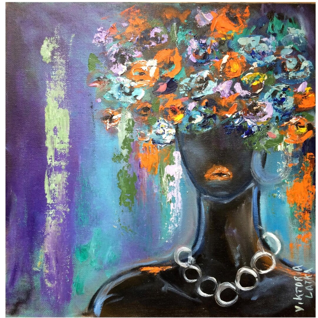 Black Woman Painting Print: Faceless Portrait With Flowers Art, African ...