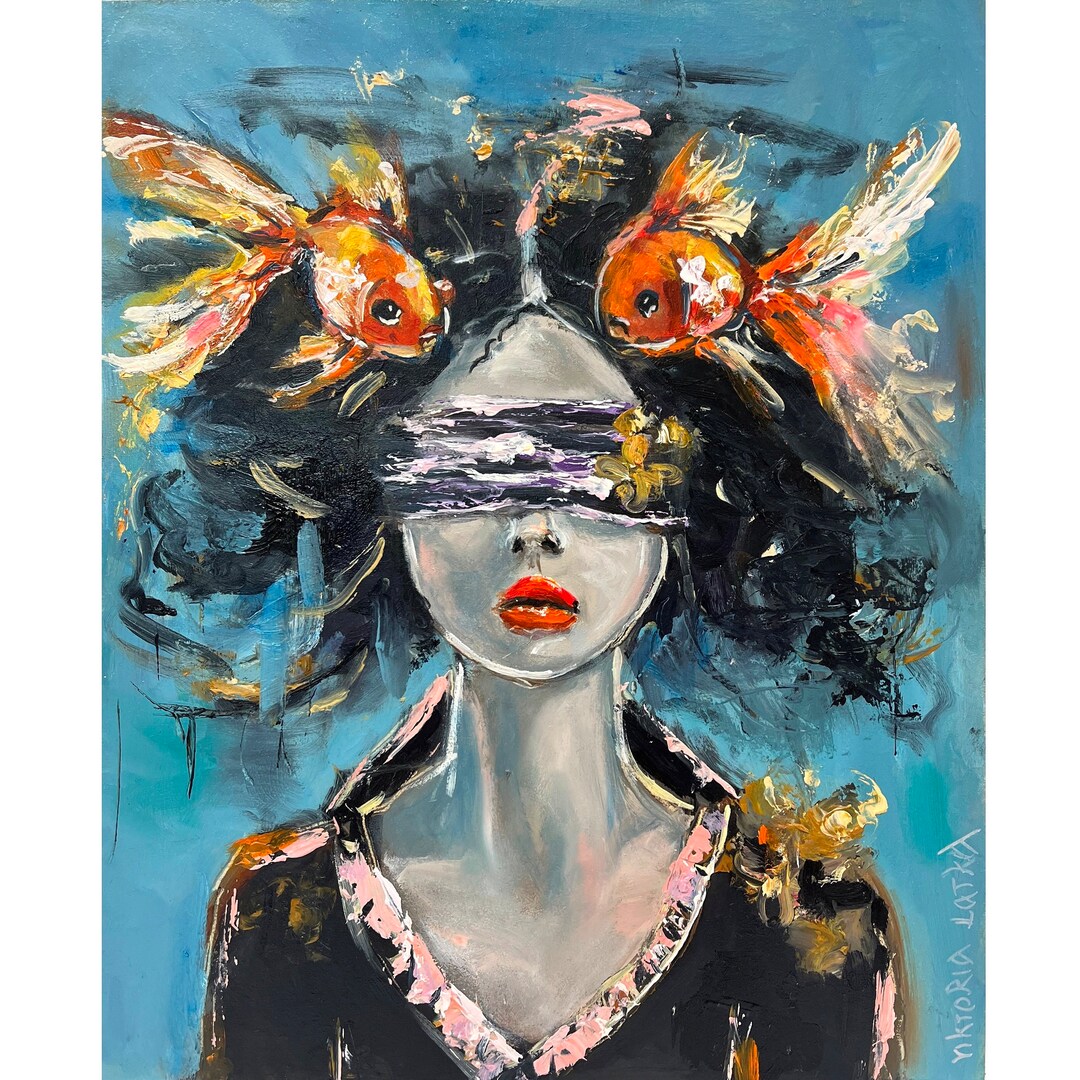 Woman and Goldfish Painting Print: Surreal Faceless Portrait, Colorful ...