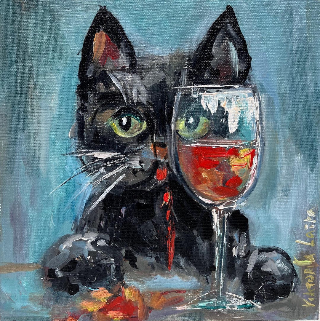 Black Cat & Red Wine Painting Print: Whimsical Kitten Portrait Art ...