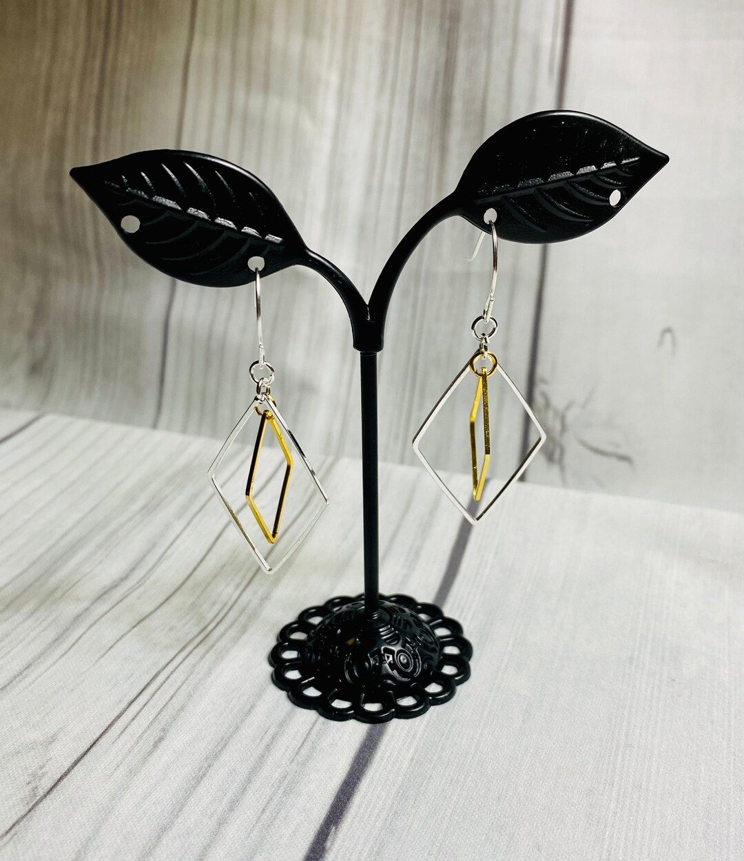 Silver and Gold Diamond Shape Earrings - Geometric Earrings - Hoop ...