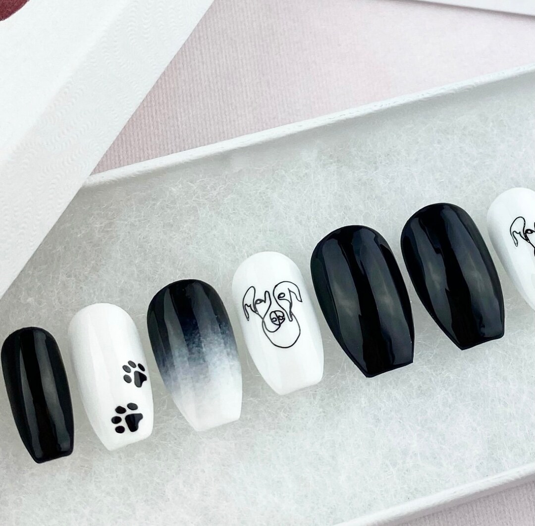 Dog Nails | Dog Face and Paws Black and White Press on Nails | Luxury ...