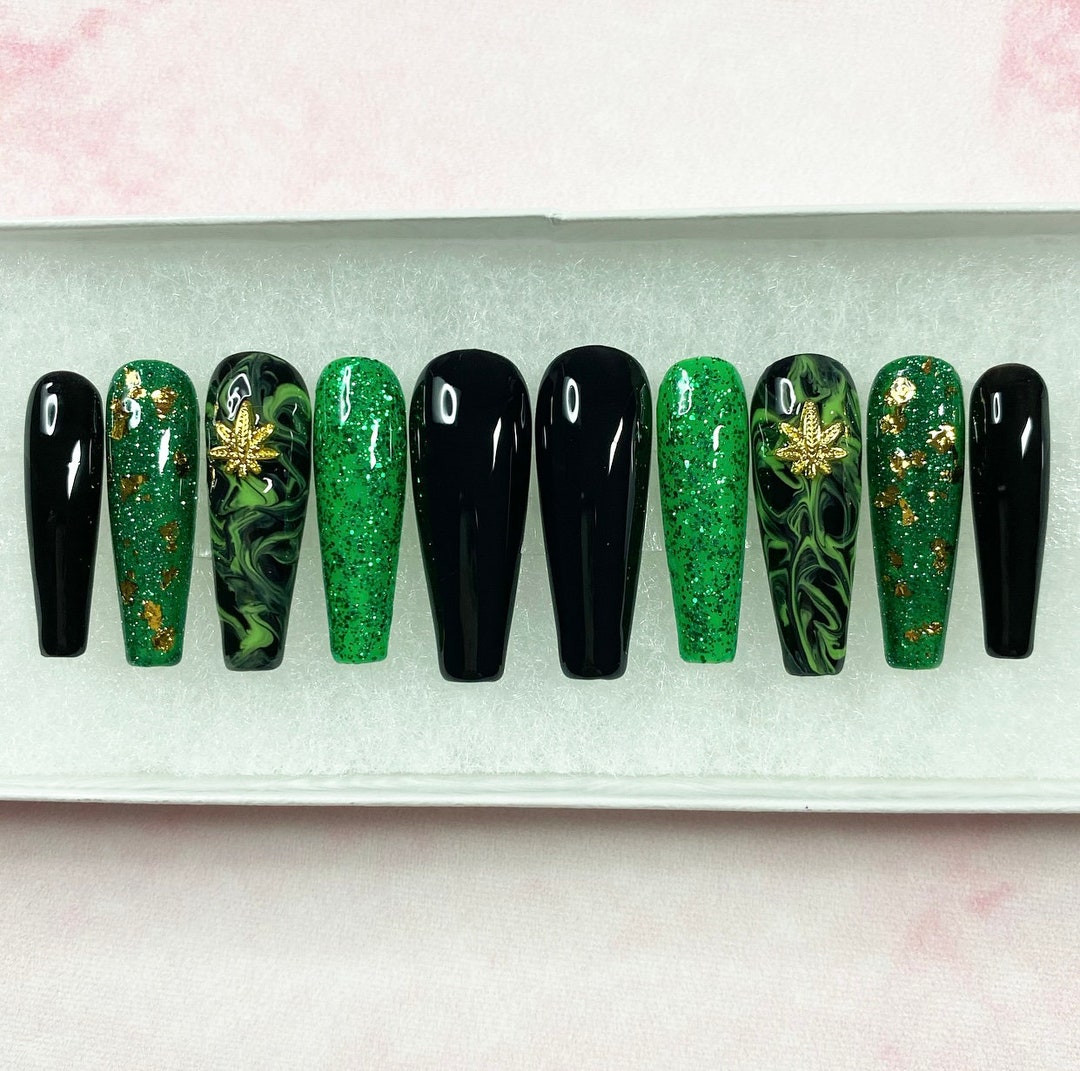 Green Press on Nails 420 Nails Luxury Pressons Nails Gel Nails Acrylic ...