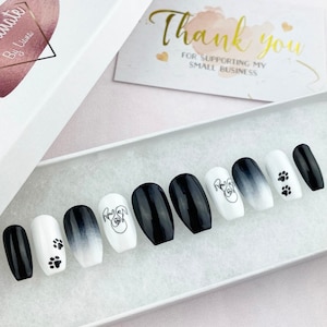 Dog Nails | Dog Face and Paws Black and White Press on Nails | Luxury ...