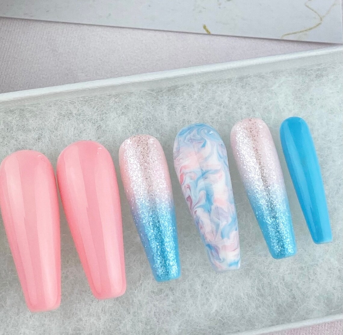 Cotton Candy Nails Pink Blue White Marble Press On Nails | Etsy