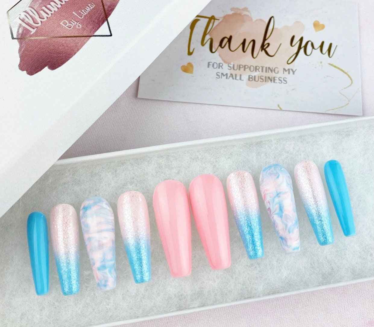 Cotton Candy Nails Pink Blue White Marble Press On Nails | Etsy